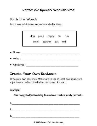 Free Identifying Parts Of Speech Worksheets Nouns Verbs Adjectives