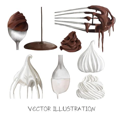 초콜릿과 휘핑 크림 수채화 그림 세트 프리미엄 벡터