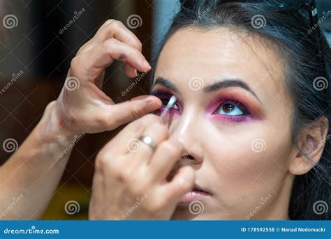 Makeup Artist Applying False Eyelash Make Up Artist Doing Professional