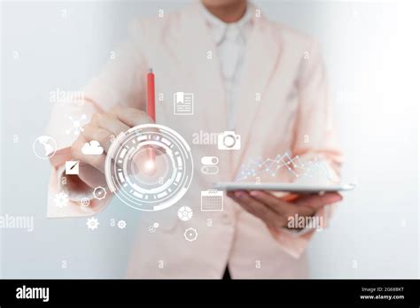 Business Woman Touching Digital Data On Holographic Screen Interface Lady In Uniform Holding