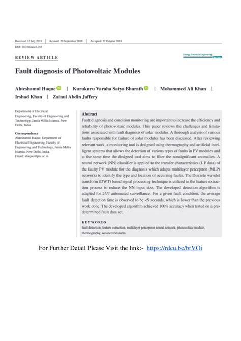 Pdf Fault Diagnosis Of Photovoltaic Modules