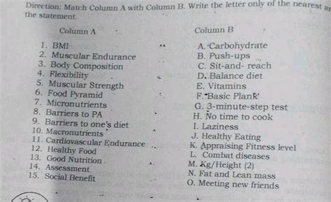 Direction Match Column A With Column B Write StudyX