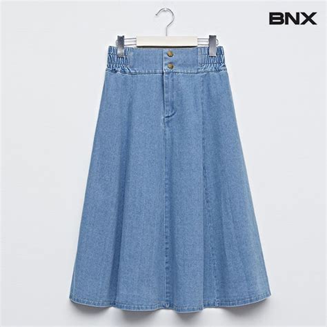 포스티 데님 투버튼 플레어 밴딩 미디 스커트 Bw1sk004l0