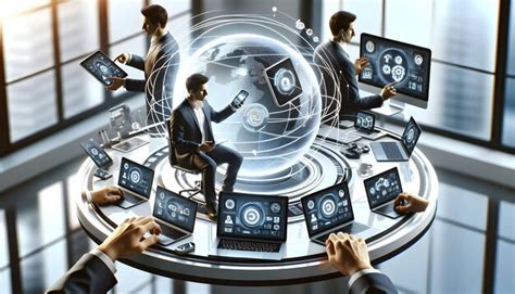 Professional Using Multiple Devices In A Glossy Flexible Workspace Concept As Camera Movement