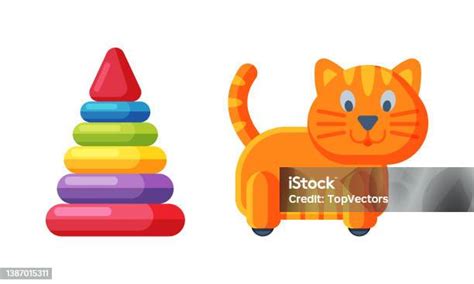 아기 장난감 세트 바퀴와 화려한 피라미드 만화 벡터 일러스트에 고양이 0명에 대한 스톡 벡터 아트 및 기타 이미지 0명 개체 그룹 놀이 Istock