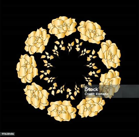 황금 장미 꽃 화 환 손 그려진된에 고립 된 검정색 배경 프레임 안 내장 결혼 생일 카드 대 한 둥근 벡터 일러스트 레이 션 결혼식에 대한 스톡 벡터 아트 및 기타 이미지