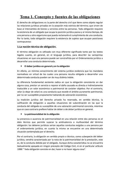 Tema 1 Concepto Y Fuentes De Las Obligaciones Tema 1 Concepto Y