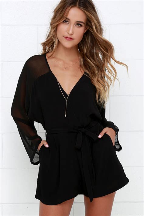 Sexy Black Romper Sheer Romper Long Sleeve Romper 5400 Lulus