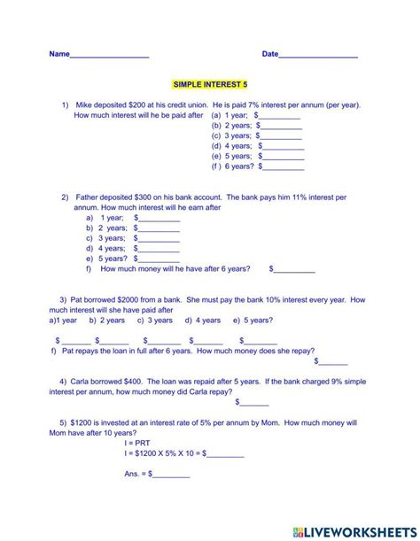Simple Interest Worksheet 1 Worksheet Live Worksheets Worksheets