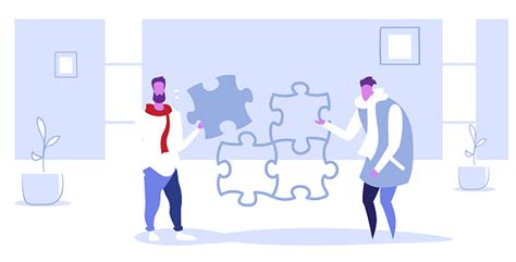 두 사업가 동료 함께 퍼즐의 부분을 넣어 문제 솔루션 팀워크 개념 현대 사무실 인테리어 스케치 낙서 수평 전체 길이 벡터 일러스트 경영자에 대한 스톡 벡터 아트 및 기타
