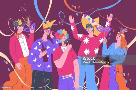 축제 카니발 또는 파티 이벤트 플랫 벡터 일러스트레이션에 참여하는 사람들 부림절에 대한 스톡 벡터 아트 및 기타 이미지 부림절 벡터 Mardi Gras Istock