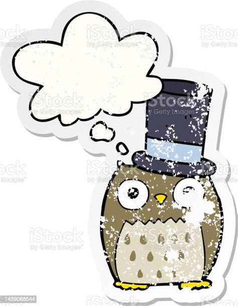고민된 낡은 스티커로 생각 거품이 있는 모자를 쓰고 있는 만화 올빼미 귀여운에 대한 스톡 벡터 아트 및 기타 이미지 귀여운 그런지 이미지 기법 기포 Istock