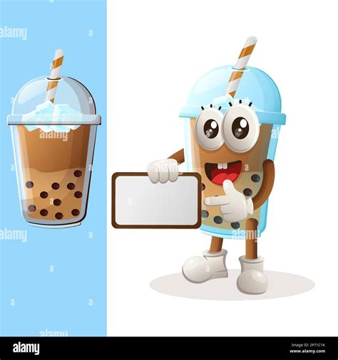Cute Bubble Tea Mascot Holding Billboards For Sale Sign Board Perfect For Food Store Small