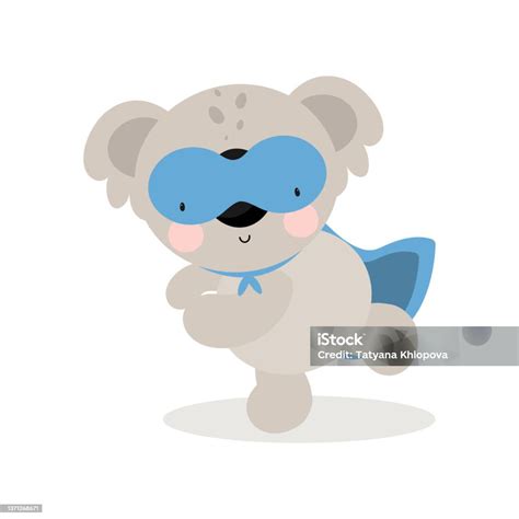 귀여운 코알라 슈퍼 히어로 만화 스타일 흰색 배경의 벡터 그림입니다 어린이 물건 카드 포스터 배너 어린이 책 및 옷 티셔츠 인쇄 곰에 대한 스톡 벡터 아트 및 기타 이미지