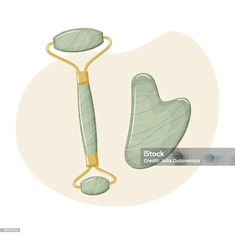 옥 페이셜 롤러와 구 아슈 스크레이퍼 중국 괄사 마사지 다른 모양의 천연 녹색 연석 돌 모음 피부 관리 평면의 벡터 그림입니다 건강한 생활방식에 대한 스톡 벡터 아트 및