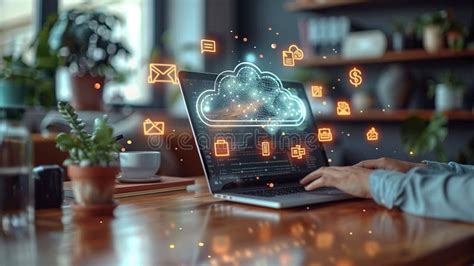 Cloud Computing And Data Management Visualized On Laptop Screen In Office Ai Generated Stock