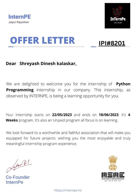 Shreyash Kalaskar On Linkedin Internpe Internship Offerletter