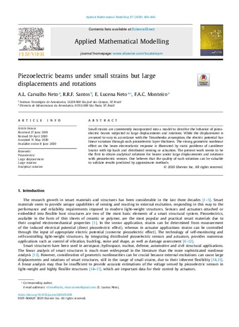 Pdf Piezoelectric Beams Under Small Strains But Large Displacements And Rotations