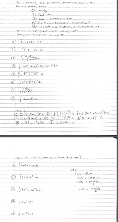 Solved For The Following Use U Substitution To Evaluate The Chegg Com