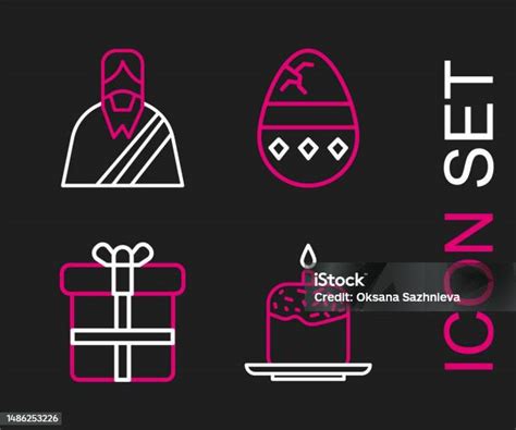 세트 라인 부활절 케이크와 촛불 선물 상자 금이 간 달걀과 예수 그리스도 아이콘 벡터 공휴일에 대한 스톡 벡터 아트 및 기타 이미지 공휴일 금이 간 기독교 Istock