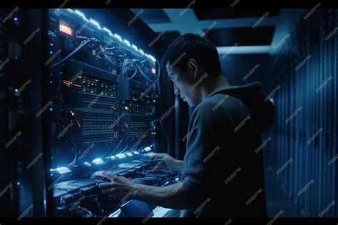 Premium Photo Portrait Of It Specialist Uses Laptop In Data Center Server Farm Cloud Computing