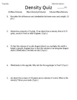 Density Quiz By Creations By Carrie TPT