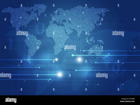 abstract technology binary code world map on dark blue background stock