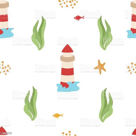 흰색 배경에 등대 모래와 조류와 원활한 해양 패턴 종이 나 직물 포장에 인쇄하기위한 바다 항해의 벡터 그림 갈매기에 대한 스톡 벡터 아트 및 기타 이미지 Istock