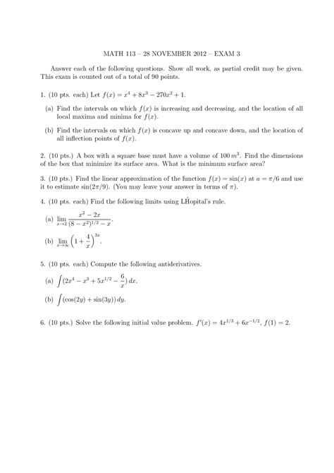 Exam 3 Practice Questions Analytic Geometry And Calculus I Math 113