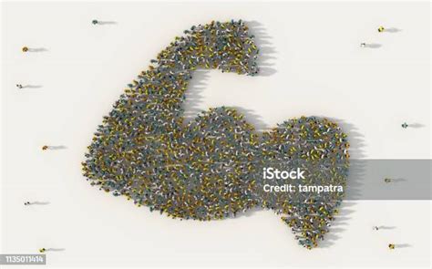 소셜 미디어와 흰색 바탕에 커뮤니티 개념에서 근육 또는 팔 뚝 플렉스 암 아이콘을 형성 하는 사람들의 큰 그룹 위의 군중 그림의 3d 기호 함께 모여 힘에 대한 스톡 사진