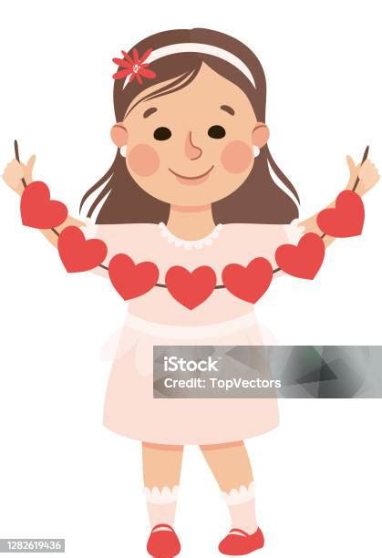 귀여운 소녀 마음의 모양에 파티 플래그를 들고 로맨스 감정 기호와 사랑스러운 아이 캐릭터 해피 발렌타인 데이 개념 만화 벡터 일러스트 독일에 대한 스톡 벡터 아트 및 기타