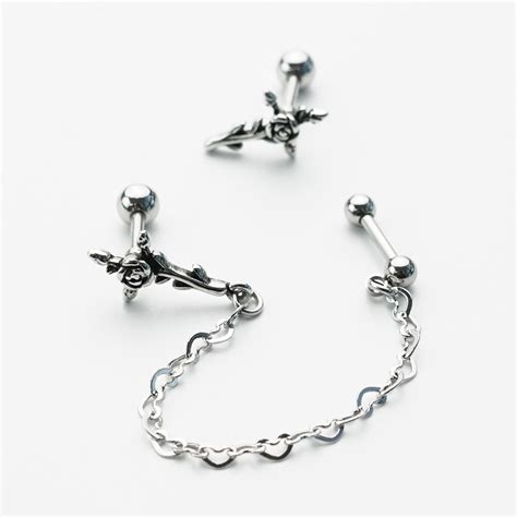 써지컬스틸 엔틱 플라워 십자가 포인트 하트 체인 바벨 투핀 피어싱 P 0377 에이블리