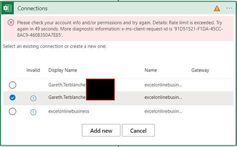Error Code 429 Message Rate Limit Is Exceeded When Trying To Edit An Excel Connector