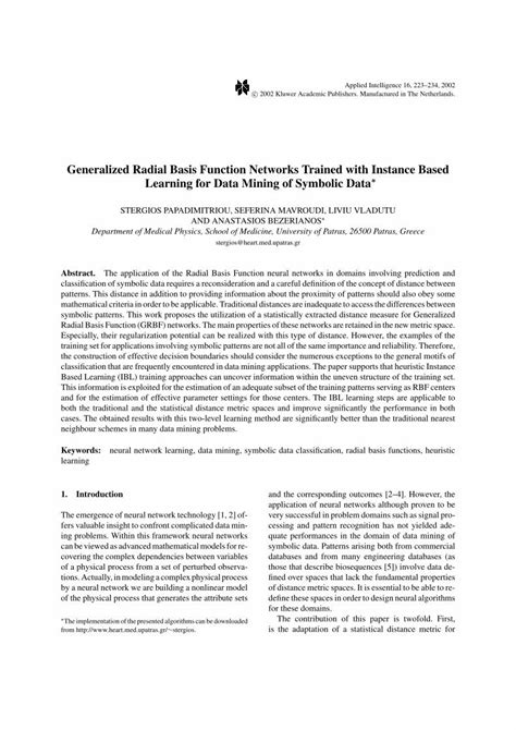 Pdf Generalized Radial Basis Function Networks Trained With Instance Based Learning For Data