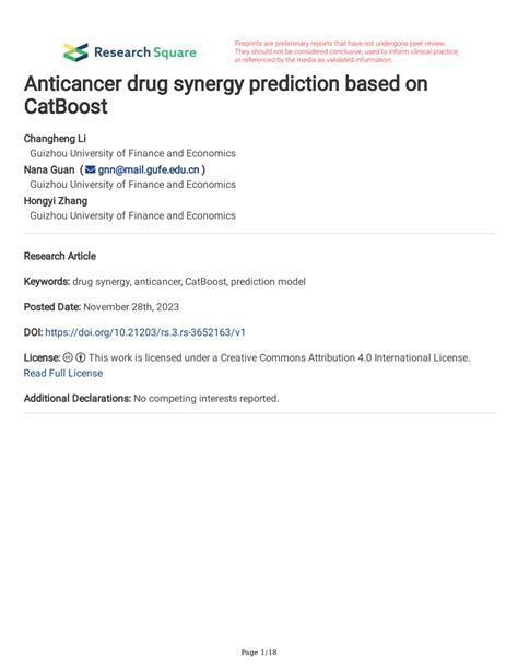 Pdf Anticancer Drug Synergy Prediction Based On Catboost