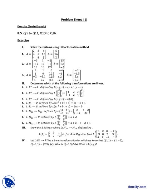 Problem Sheet 8 Lu Factorization Method Linear Algebra Assignment Docsity