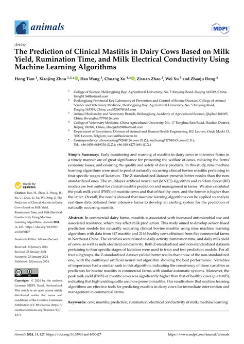 Pdf The Prediction Of Clinical Mastitis In Dairy Cows Based On Milk Yield Rumination Time