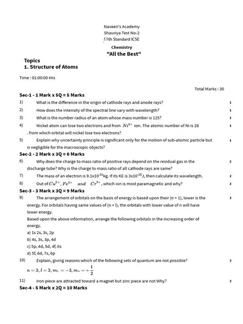 Test No 2 Structure Of Atoms Pdf Atoms Electron