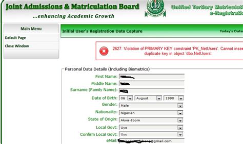 violation of primary key constraint pk netusers on jamb utme website education nigeria
