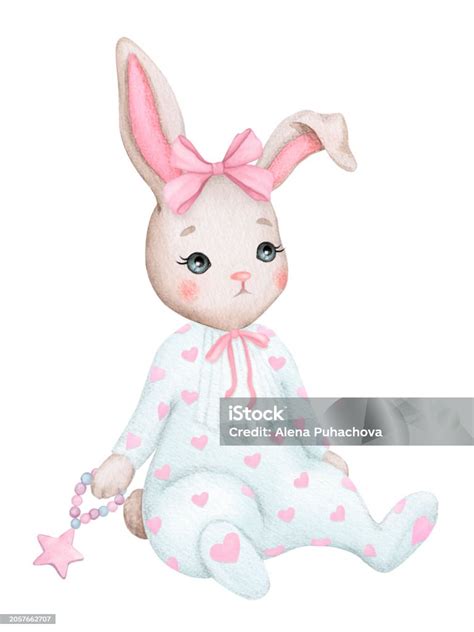 잠옷을 입은 귀여운 토끼 소녀 어린이용 일러스트입니다 손으로 그린 수채화입니다 베이비 샤워 생일 어린이 파티 인쇄 초대장 포스터 인사말 카드 로고 엽서 등의 클립아트 0명에