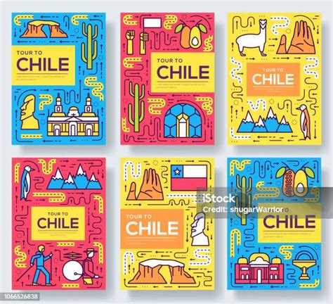 칠레 벡터 브로셔 카드 선 집합입니다 국가 여행 전단지 잡지 포스터 책 표지 배너의 템플릿 레이아웃 문화 기념물 개요 삽화 현대 페이지 로데오에 대한 스톡 벡터 아트 및