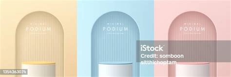 분홍색 노란색 파란색 및 흰색 의 세트는 아치 창에서 연단을 서 있습니다 기하학적 플랫폼이있는 벡터 추상 스튜디오 룸 제품 쇼케이스 프로모션 디스플레이를 위한 최소한의 벽