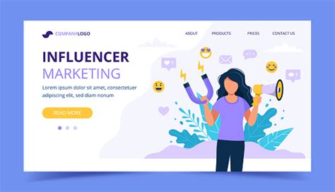 소셜 프로필 프레임에 메가폰과 자석을 들고 있는 여성과 함께 하는 인플루언서 마케팅 랜딩 페이지 다른 소셜 미디어 아이콘 플랫 스타일의 벡터 일러스트레이션 자석에 대한 스톡