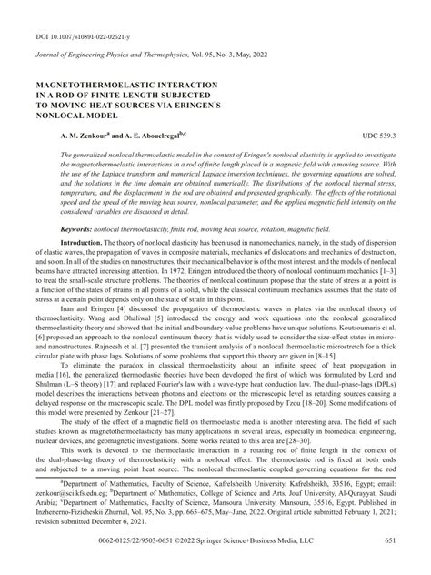 Pdf Magnetothermoelastic Interaction In A Rod Of Finite Length Subjected To Moving Heat