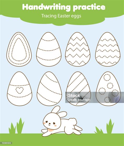 부활절 활동입니다 유아를 위한 라인을 추적 필기 연습 시트입니다 아이 들을 위한 교육 어린이 게임 인쇄용 워크시트 부활절 달걀에 대한 스톡 벡터 아트 및 기타 이미지