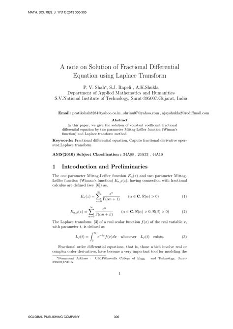 Pdf A Note On Solution Of Fractional Differential Equation Using Laplace Transform