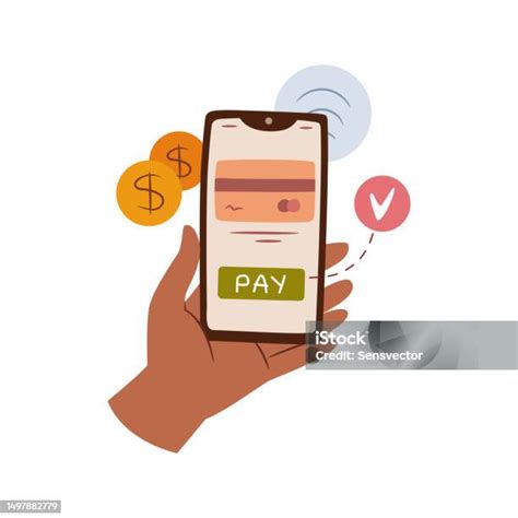 모바일 응용 프로그램과 휴대 전화 유료 버튼 평면 만화 벡터 그림으로 게임을 들고 있습니다 결제 또는 직불 카드 지갑이 있는 디지털 스마트폰 개념에 대한 스톡 벡터 아트 및