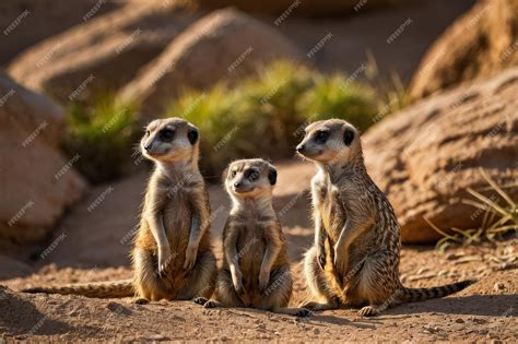 Premium Photo Three Meerkats On A Mound In Their Habitat