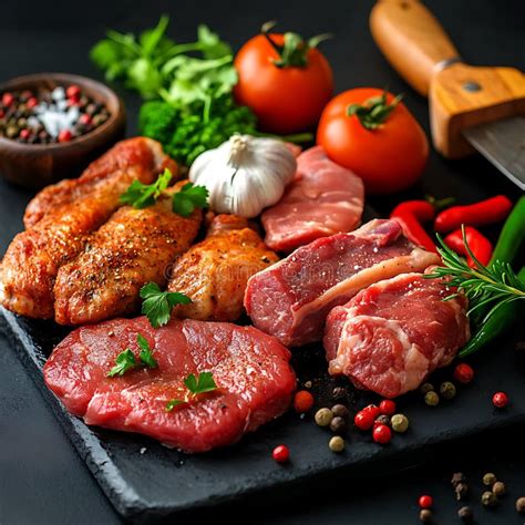 Assorted Fresh Meat Cuts With Herbs And Spices Stock Illustration Illustration Of Chicken