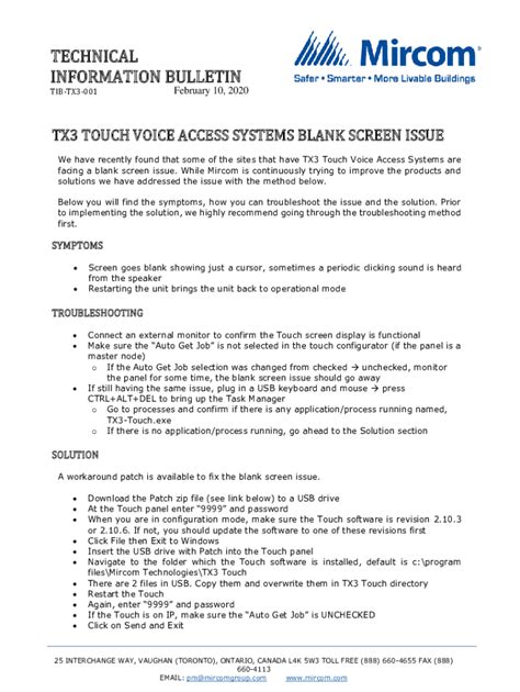 Fillable Online Tx3 Touch Voice Access Systems Blank Screen Issue Mircom Fax Email Print